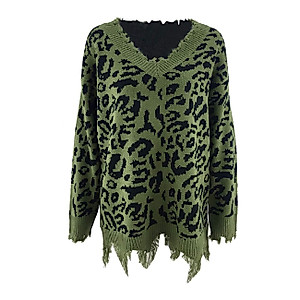 FAPIZI Women's Fashion Leopard Print Off Shoulder Ripped Sweater V Neck Long Sleeve Distressed Knit Pullover Jumper Tops