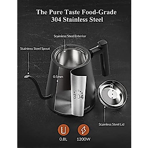 KLEAH Gooseneck Electric Kettle for Coffee Tea Brewing, 0.8L Pour Over Kettle, Keep Warm for 2H Stainless Steel Kettle Auto Shutoff Boil-Dry Protection Digital Display Black for Gift