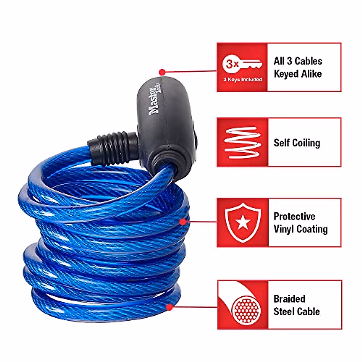 Master Lock Bike Lock Cables with Key, Blue, Green, and Red 3-Pack of Keyed-Alike Bicycle Cable Locks, 6 ft. Long, 8127TRI