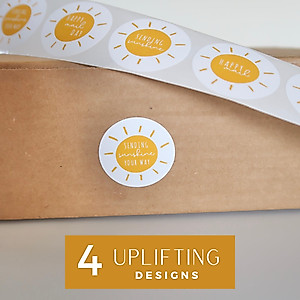 Happy Mail Stickers | Sending Sunshine Yellow Boho Stickers | Cute Packaging for Small Business | 1 Roll with 500 - Round Envelope Seals | 4 Unique Designs | Sunshine Party, Small Business Supplies