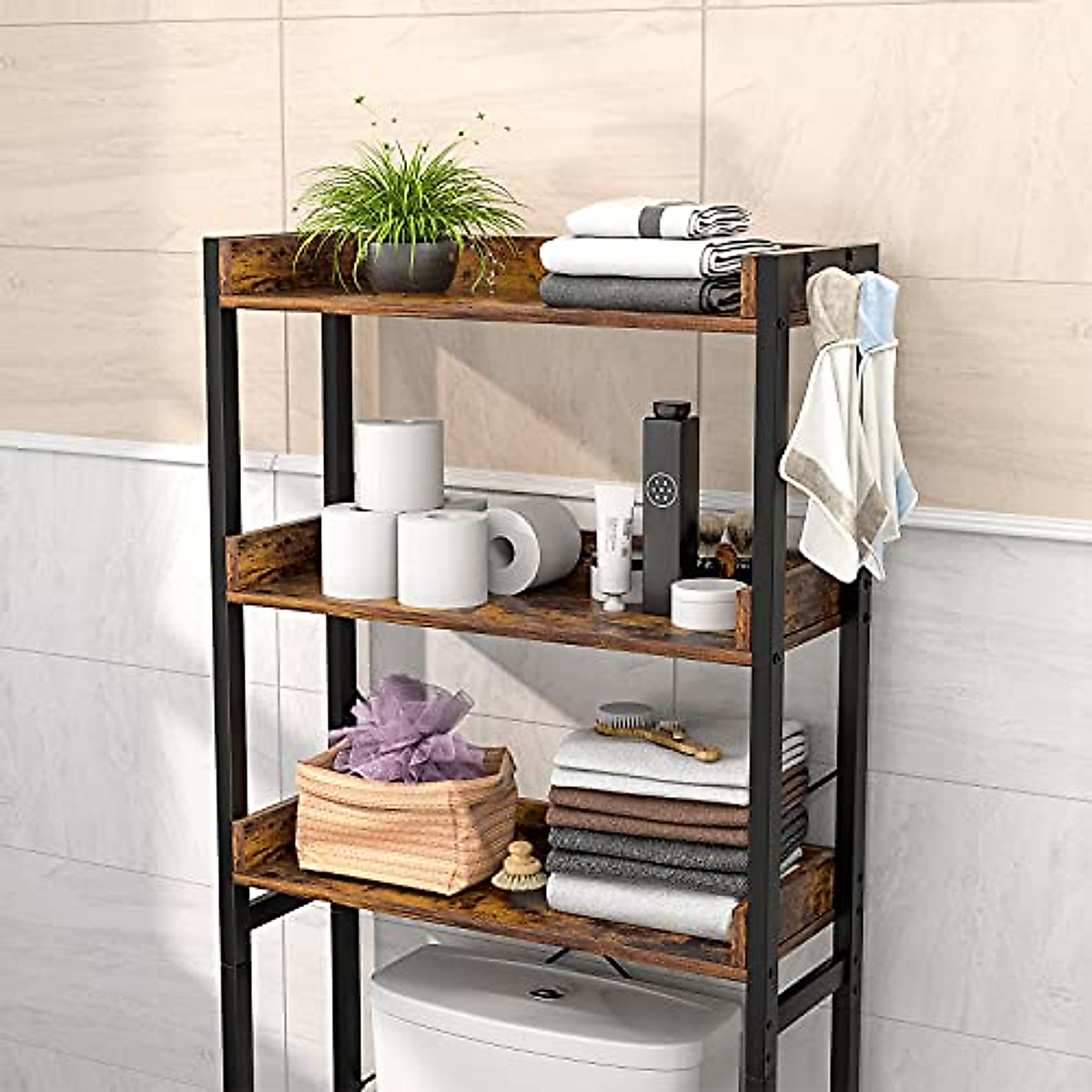 Ecoprsio Over-The-Toilet Storage Rack, 3-Tier Bathroom Organizer Shelf Over Toilet, Freestanding Space Saver Toilet Stands with 4 Hooks, Rustic Brown