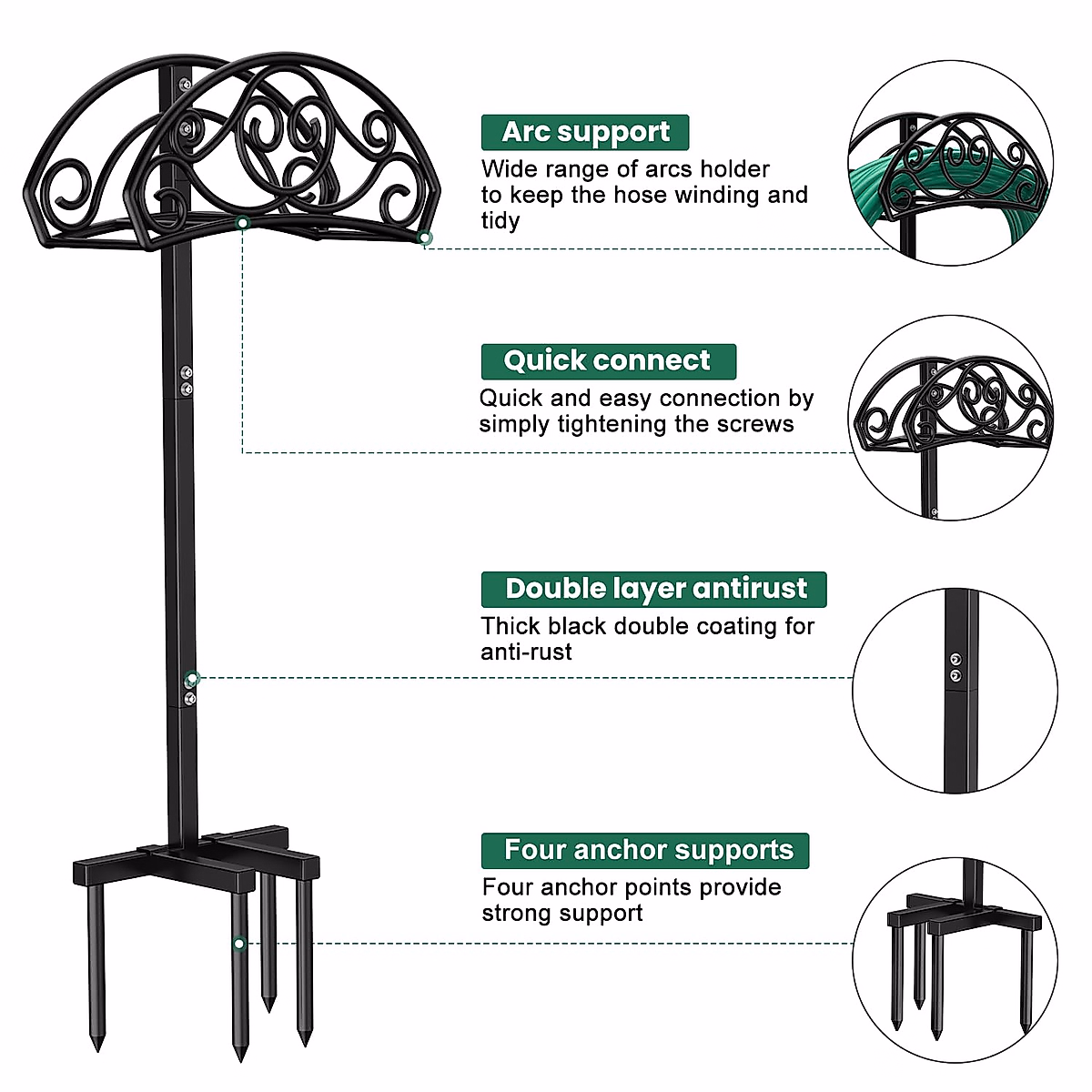 Sunvigor Garden Hose Holder Freestanding Water Hose Holder with 4 Spikes, Heavy Duty Hose Holder Detachable Metal Garden Hose Storage Stand Rack for Outside