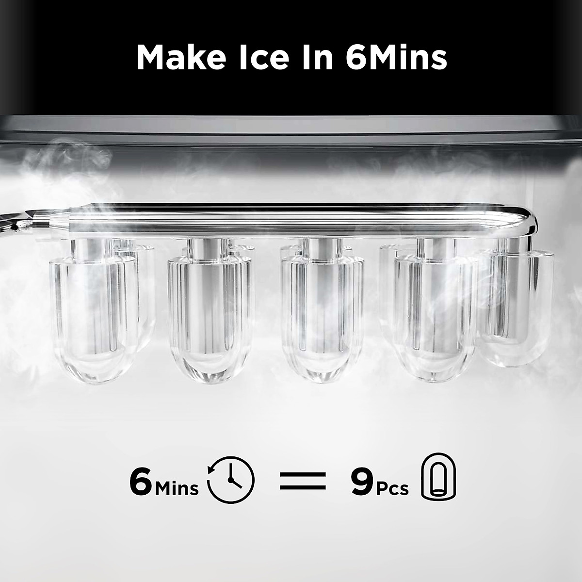 BEBISUNY Countertop Ice Maker, 9 Cubes Ready in 6 Mins, 12KG in 24Hrs, Self-Cleaning Ice Machine with Ice Scoop and Basket, 2 Sizes of Bullet Ice for Home Kitchen Office Bar Party, Black