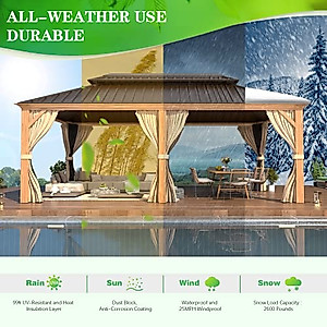 Erinnyees 12' x 20' Aluminum Wood Grain Hardtop Gazebo, Outdoor Aluminum Double Roof with Privacy Curtain and Mosquito Net for Patio, Lawn, Garden, Deck(Wood Looking)