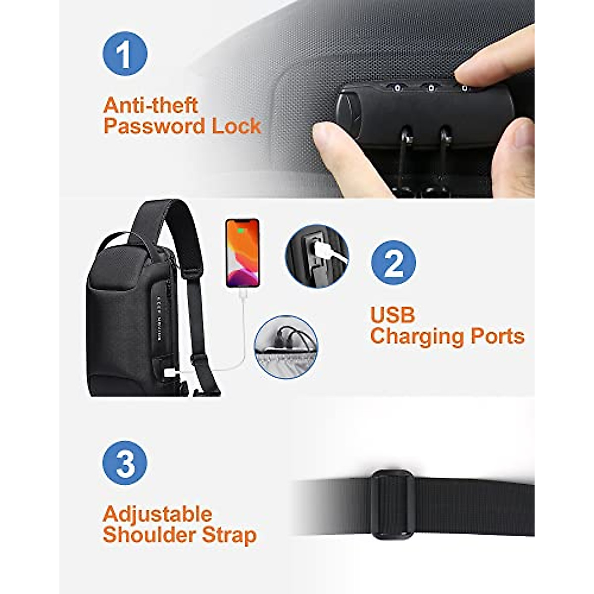 Lily Parker Sling Bag Backpack Mens Cross Body Waterproof Anti-Theft Shoulder Daypack with USB Charging Port Fit 7.9" iPad, Black, Small