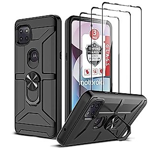 Motorola One 5G Ace Case with [3X Tempered Glass Screen Protector], Built-in Ring Kickstand and Magnetic Car Mount Shockproof Dropproof Military Grade Armor Rugged Case for Moto One 5G Ace - Black