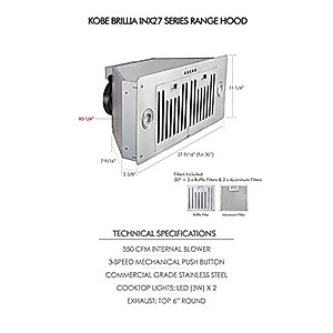 KOBE INX2730SQB-700-2 Brillia 30-inch Built-in/ Insert Range Hood, 3-Speed, 550 CFM, LED Lights, Baffle Filters, Stainless Steel