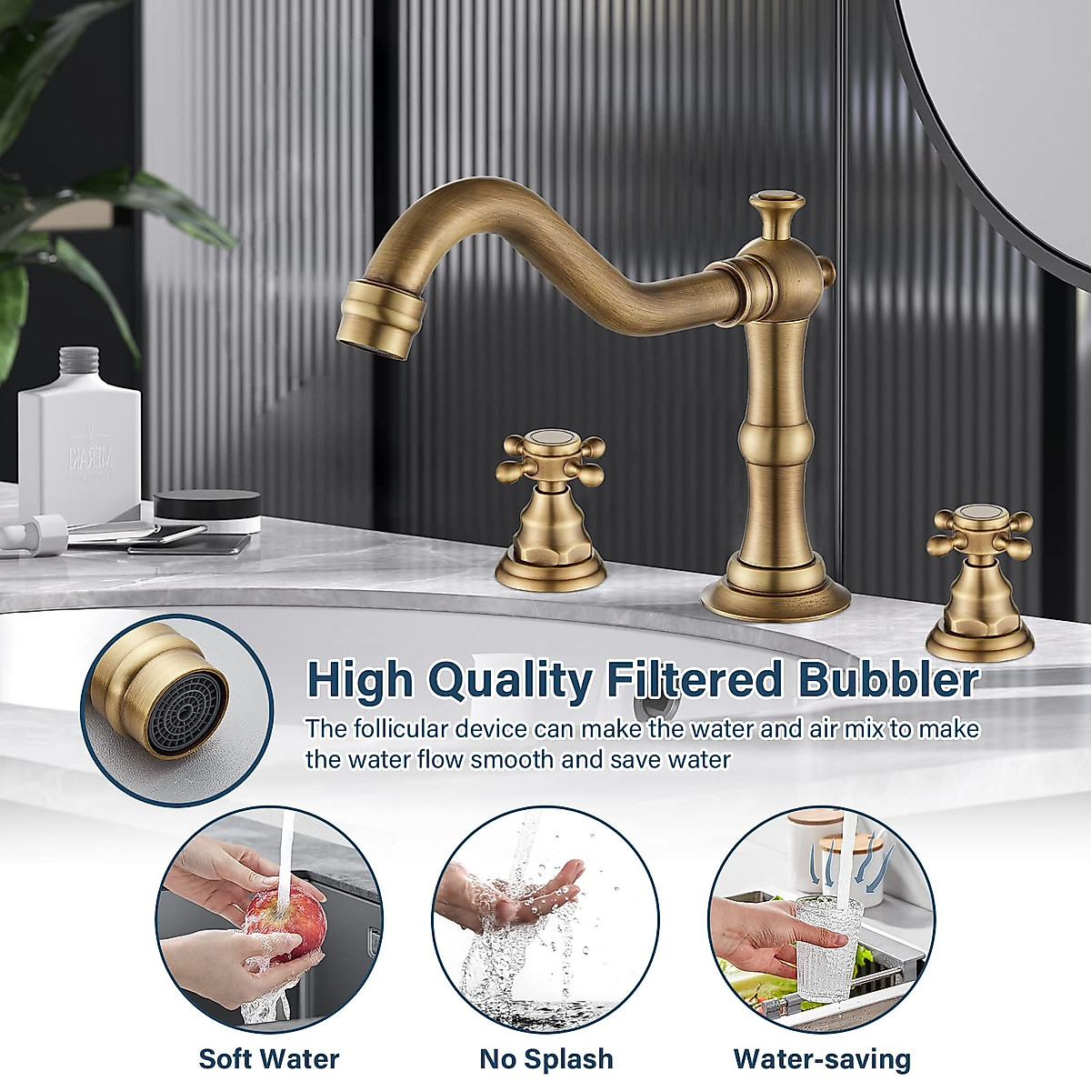 𝐕𝐨𝐭𝐚𝐦𝐮𝐭𝐚 𝐁𝐚𝐭𝐡𝐫𝐨𝐨𝐦 𝐒𝐢𝐧𝐤 𝐅𝐚𝐮𝐜𝐞𝐭 Antique Brass Bathroom Faucets for Sink 3 Hole 8 Inch Widespread Bathroom Faucet 2 Handles Faucet for Bathroom Sink with Pop Up Drain