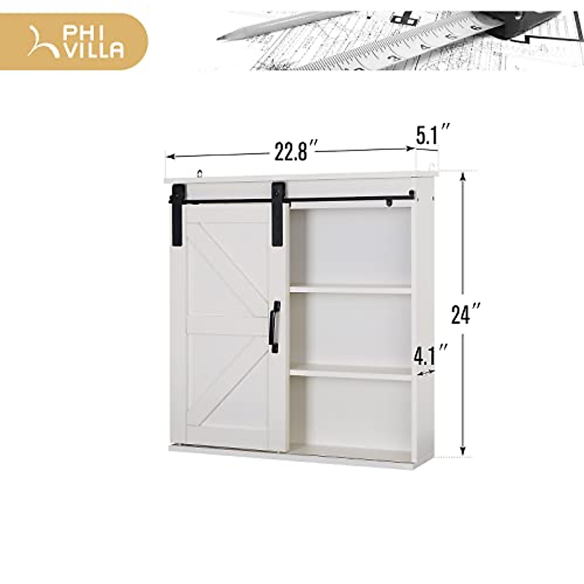 PHI VILLA Farmhouse Bathroom Wall Cabinet with Sliding Barn Door Medicine Storage Cabinet Wall Mounted with 3-Tier Rustic Storage Cabinet for Bathroom Furniture, White(Bathroom Shelves Included)