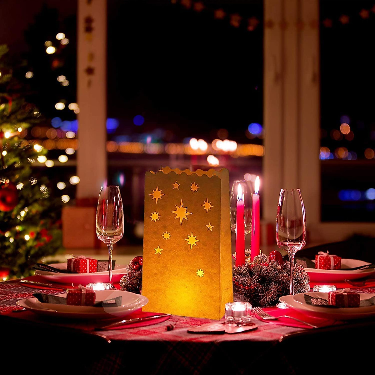 Stmarry White Paper Luminary Bags - 50-Pack Candle Lantern Bags, Fire-Retardant, Star Luminaries for Christmas, Weddings, Birthday Party Valentine&#039;s Day Decoration, 5.9 x 10 x 3.5 Inches