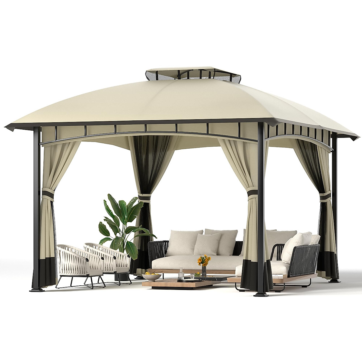 FUNG YARD 10x12 Outdoor Gazebo, Double Roof Patio Gazebo with Mosquito Netting & Curtains, Sturdy Steel Frame, Sun & Waterproof, Perfect for Backyard, Garden, Party, (Khaki)