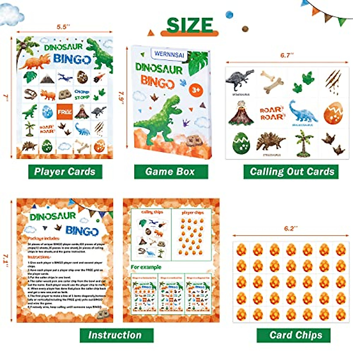 WERNNSAI Watercolor Dinosaur Bingo Party Games - 24 Players Dino Birthday Bingo Cards Set for Kids Boys Dinosaur Themed Activities for School Classroom Family Holiday