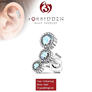 Forbidden Body Jewelry 16g Surgical Steel Cartilage Stud Earring with Curved Triple Round CZ Crystals (Aurora Borealis)