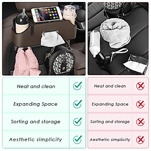 Back of Car Seat Organizer, Trunk Organizer for Car with 2 Drink Cup Holder, Cell Phone Holders, Hooks and Tissue Box, Vehicle Multifunctional Storage Box for Kids and Adults Travel (Brown)
