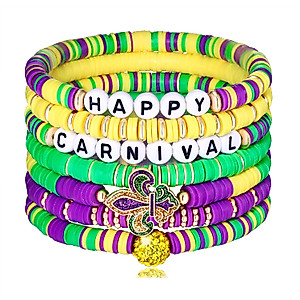 7 PCS Heishi Mardi Gras Bracelets Beaded Happy Carnival Bracelets Fleur de lis Letter Beads Rhinestone Mardi Gras Stretch Bracelets for Women Holiday Gift