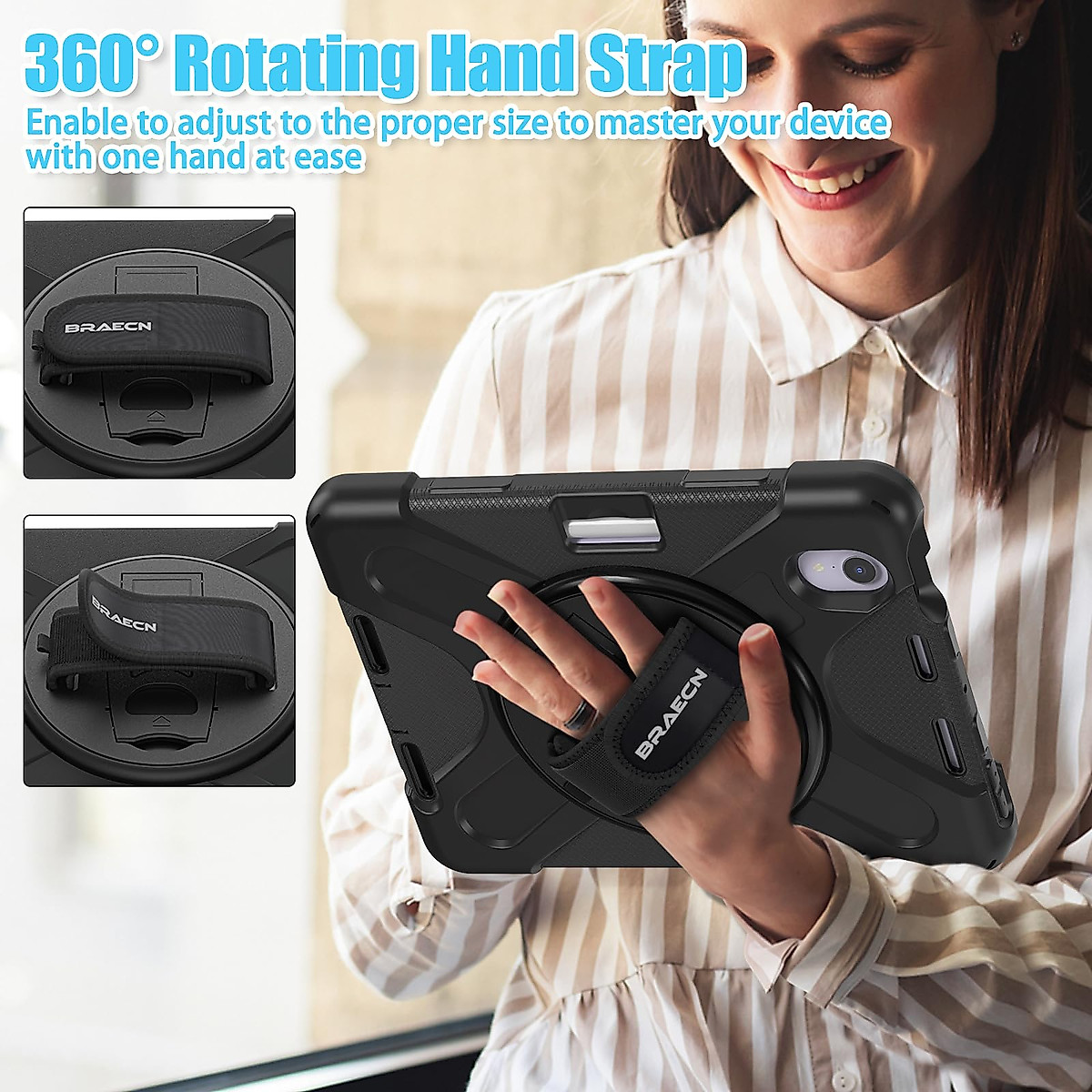 BRAECNstock for Apple iPad Mini 7 A17 Pro Case iPad Mini 7th/6th Generation Case 2024/2021 8.3" with Screen Protector Pen Holder Rotating Hand Strap Stand Shockproof iPad Mini 7/6 Case Kids - Black