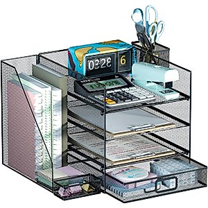 Desk Organizer, File Organizer for Desk with Vertical File Folder Holders, 4-Tier Paper Letter Tray with Sliding Drawer and Pen Holder, Desk Accessories & Workspace Organizers for Office School Home