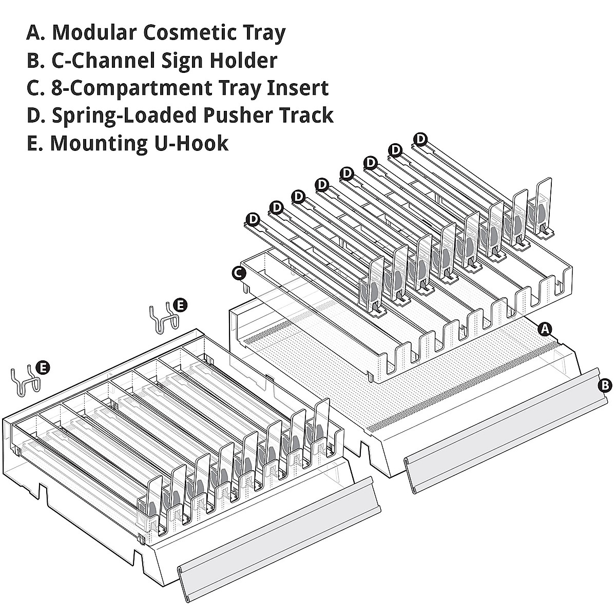 Azar Displays 225830-8COMP-CLR 8 Compartment Divider Bin Cosmetic Tray with Pushers - 8 Slots per Tray, 2-Pack, Clear