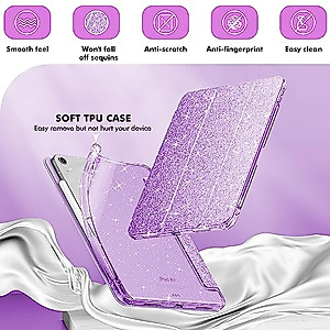 INFILAND Compatible with iPad Air 5th Generation Case 2022, iPad Air 4th Generation Case 2020 10.9 inch, Glitter Leather Cover with Sparkly Crystal Clear Back, Pencil Holder, Anti-Yellowing, Purple