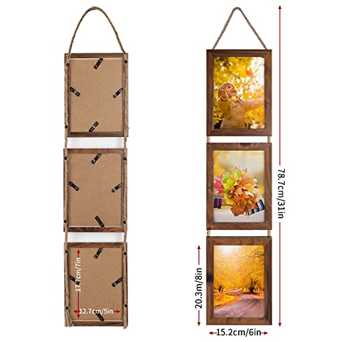 Lavezee 5x7 Collage Triple Picture Frames Set, Walnut Brown 6 Opening Hanging Vertical Frame Made to Display 5 by 7 Inch Photo Print for Wall Decor