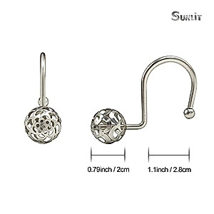 Sunlit Contemporary Design Carved Ball Shower Curtain Hooks Rust Proof Oil Rubbed Metal Orb Shower Curtain Rings - Satin Matte Silver - 12 Pack