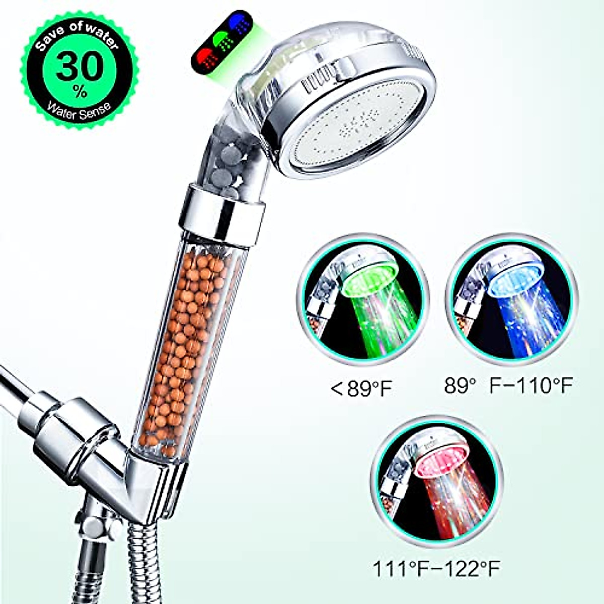 AmasSmile® LED Shower Head with Hose and Bracket - Color Changes with Water Temperature Filter Filtration High Pressure Water Saving Handheld Showerheads for Dry Skin & Hair