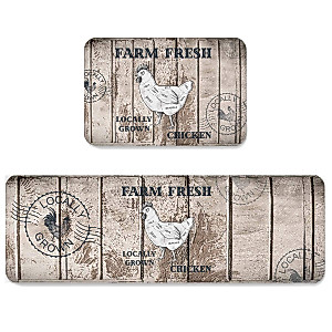 Rustic Farmhouse Kitchen Rug Set Kitchen Mats Cushioned Anti Fatigue Wood Farm Fresh Locally Grown Chicken Mats for Standing Waterproof Microfiber Easy to Clean 2 Pieces 19.7x31.5inch+19.7x47.2inch