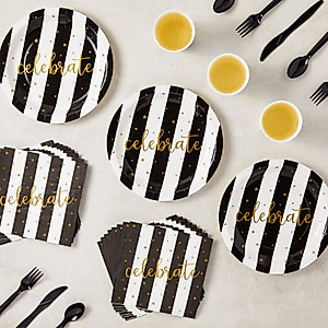 Juvale 144 Piece Black and White Party Supplies - Serves 24 Striped Celebrate Plates, Napkins, Cups and Cutlery Set for Birthday, Graduation
