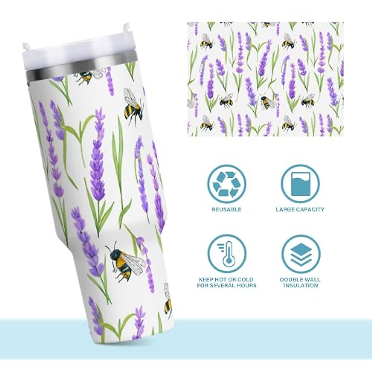ODAWA Large Bees Lavender Flowers Insulated Tumbler Cup with Straw and Handle, Steel Insulated Tumbler