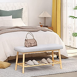 Bamworld Shoe Bench with Storage Bamboo Entryway Bench with Cushion Seat Storage Benches for Bedroom Living Room Indoor(Nature)
