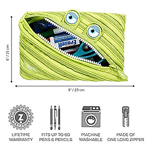 ZIPIT Wildlings Large Pencil Case for Boys, Pouch Holds Up to 60 Pens, Made of One Long Zipper! (Green)
