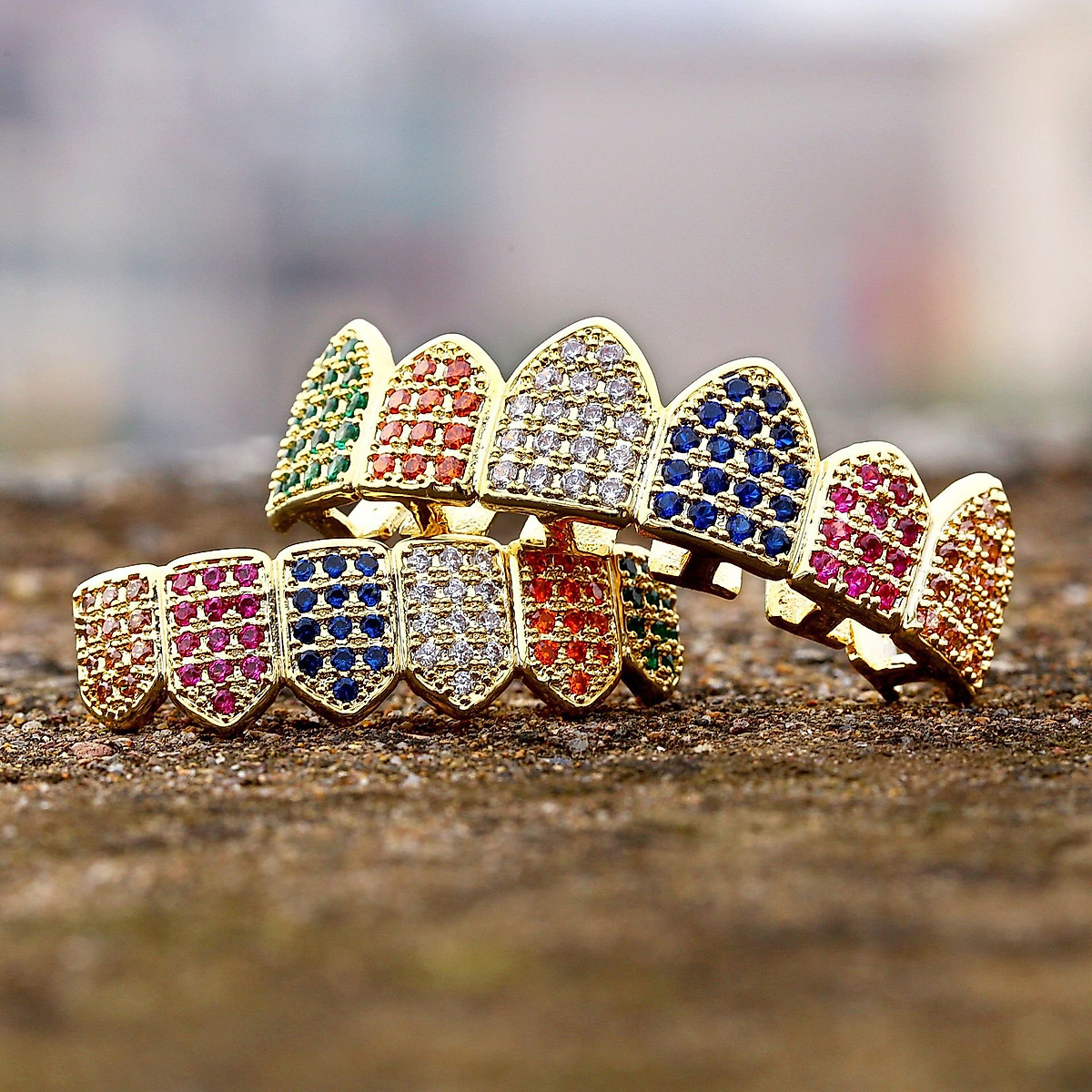 KMASAL LC8 Jewelry Hip Hop Unisex Men 18K Gold Plated Rainbow Iced Out CZ Simulated Diamond Top and Bottom Teeth Grillz Set for Women (Gold)