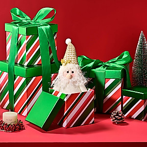 PAPER FAIR 5PCS Christmas Nesting Gift Boxes with Lid, Xmas Nested Box Set, 5 Sizes, Square Stackable, Green Red Stripe Paper Box Tower Décor with Satin Ribbon, for Holiday Thanksgiving New Year