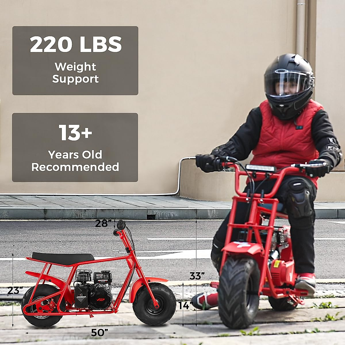 FRP GMB100 Mini Bike, 99CC 4-Stroke Mini Bikes for Adults, Off-Road Motorcycle W/LED Headlight, Goggles, Gloves and Neck Gaiter Up to 28 Mph, Weight Support Up to 220 LBS（Red）