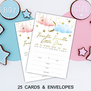 Baby Shower Invitations, Twinkle Twinkle Little Star Gender Reveal Invitation Cards With Envelopes(25 Pack), Gold Moon And Stars Theme Baby Shower Decorations And Supplies For Boys Girls(YQK-A05)