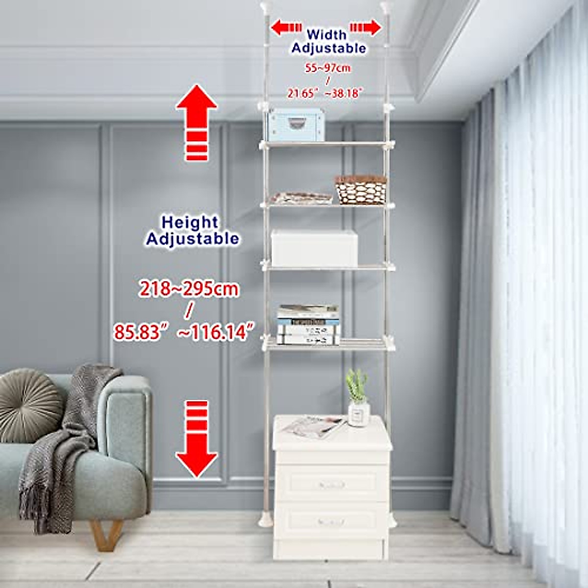 DAHOOMII Over The Washer and Dryer Storage Shelf Laundry Room Shelves Storage Laundry Organizer 4 Tie Adjustable Height Over Toilet with Hanging Rod and Side Hooks for Laundry Room, Bathroom White