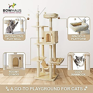 BOWHAUS Tall Cat Tree for Indoor Large Cats or Kittens, Multi-Level Cat Activity Tree with Scratching Posts, Hammock, Cat Cave Condo, Modern Cute Small Cat Climbing Tower with Widened Perch
