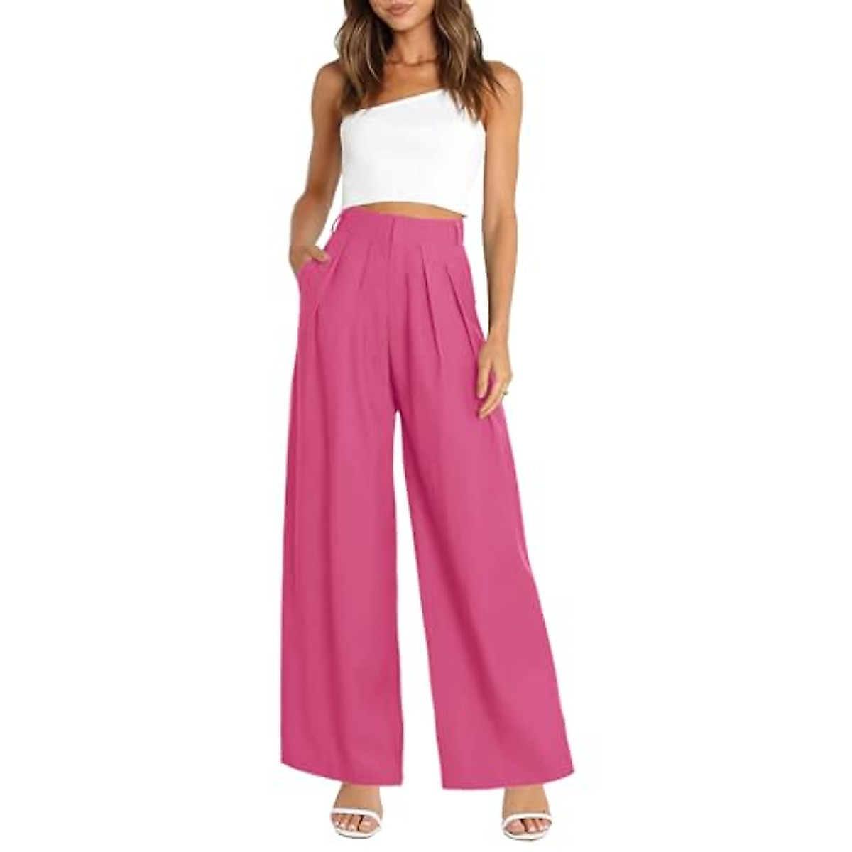 NIeyook High Elastic Waisted Wide Leg Pants for Women Casual Flowy Long Relaxed Fit Palazzo Pants with Pockets Hot Pink