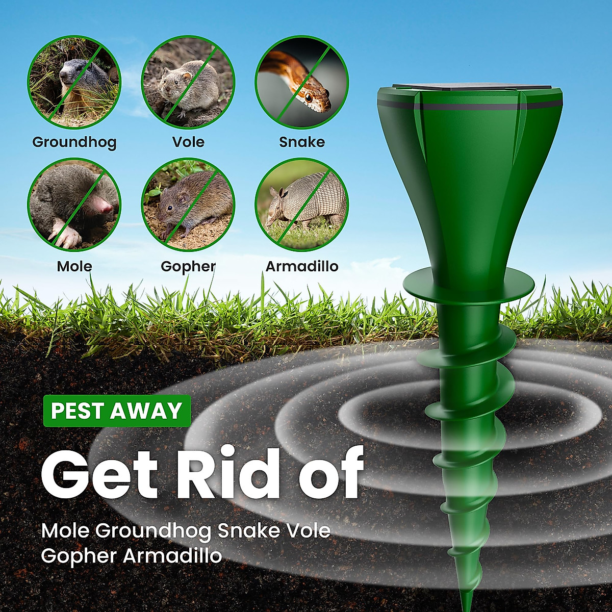 ReOasis Solar Powered Mole Trap with Screw-Shape Stakes, 4 Pack Mole Repellent for Lawns, Ultrasonic Mouse Repellent, Snake Gopher Vole Repellent for Outdoor, Garden, Lawn, Yard, Farmland