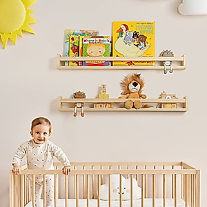 Fun Memories Nursery Book Shelves Set of 2 - Rustic Natural Solid Wood Floating Bookshelf for Kids - Wall Book Shelves Kitchen Spice Rack for Kids Room, Home Decor - Natural Wood - 32 Inch