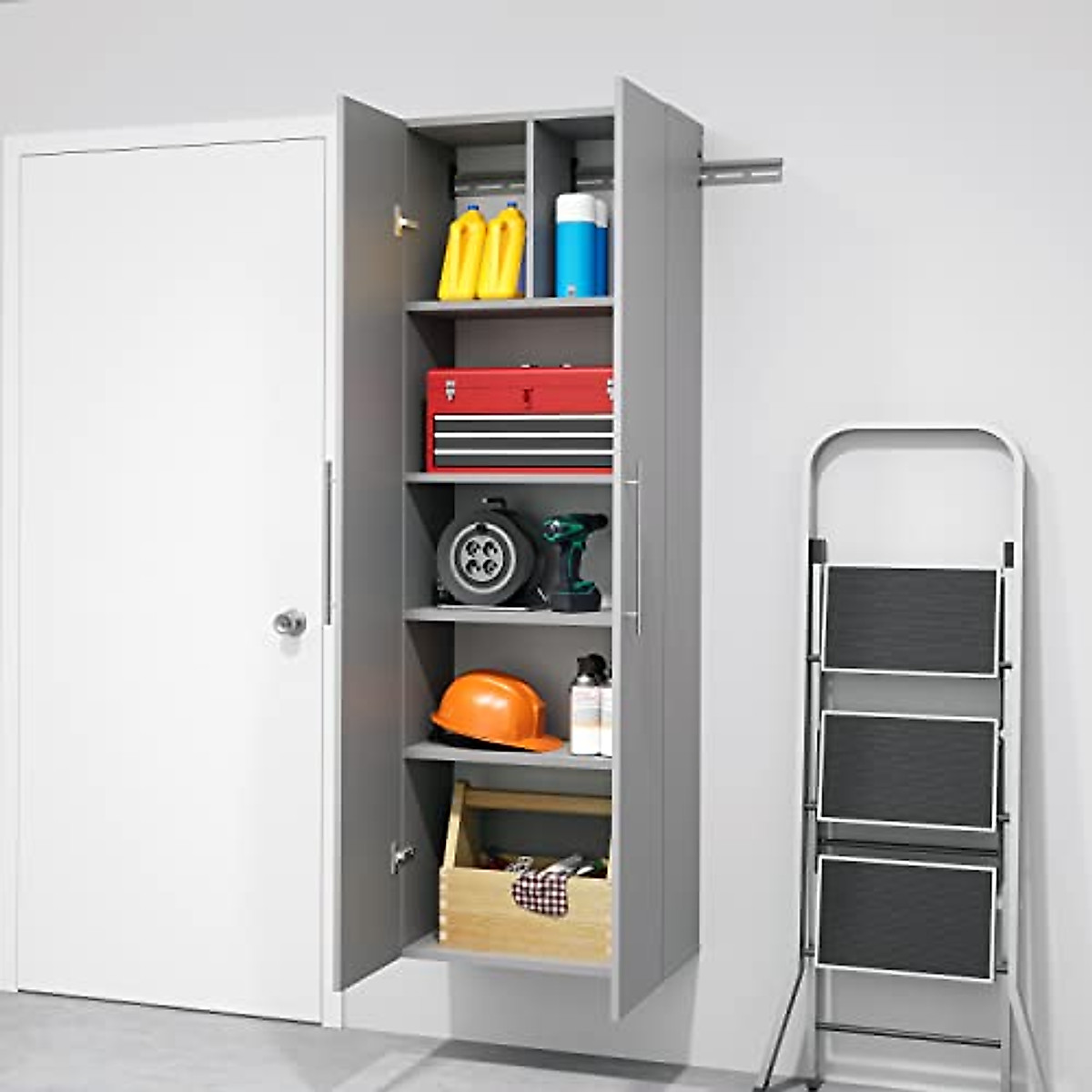 Prepac HangUps 24" Large Garage Cabinet, Bathroom Cabinet Wall Mount, Laundry Cabinet, Kitchen Wall Cabinet, Ideal for Garage, Kitchen and Laundry Organization 24" W x 72" H x 12" D, Light Gray