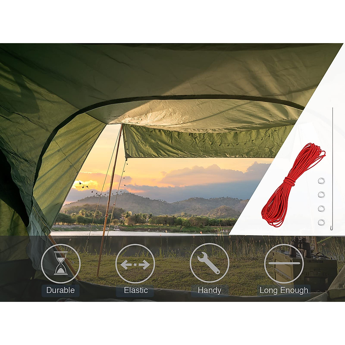 Tent Pole Shock Cord 1/8 inch 60ft, Elastic Bungee Cord, Replacement Shock Cord for Tent Poles, Tent Pole Repair Kit, Elastic Cord with Lead Wire and Washers Red