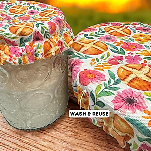 (4-Pack) Sourdough Reuseable Jar & Bowl Covers | Cute Baking Gift | 100% Cotton (3.7in, 7in, 9.25in, 11in) | Washable | Bread Making and Proofing | Kitchen Food Storage Gifting | Starter Cover Lid Kit