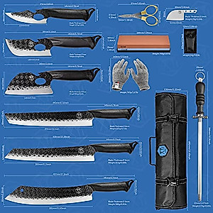 XYJ Authentic Since 1986,6pcs Cooking Slice Knives Set,Camping Chef Knife With Sheath Holder,Honing Steel,Whetstone,Cake Knife,Roll Bag Kitchen Vegetable Knives,Full Tang,High Carbon Steel (Black)