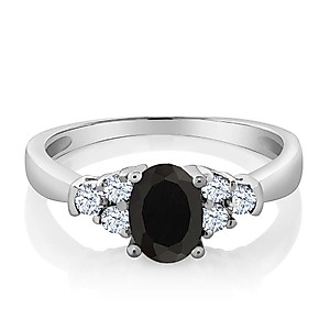 Gem Stone King 925 Sterling Silver Oval Black Onyx and White Topaz Ring For Women (0.63 Cttw, Gemstone Birthstone, Available In Size 5, 6, 7, 8, 9)