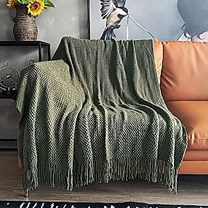 LOMAO Knitted Throw Blanket with Tassels Bubble Textured Lightweight Throws for Couch Cover Home Decor (Dark Olive, 50x60)