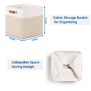 Temary Cube Storage Bins 13x13 Fabric Storage Cubes Baskets Set Of 4 Cloth Baskets for Shelf, Large Basket Empty Baskets for Organizing, Baskets Cube Basket for Storage (White&Khaki)