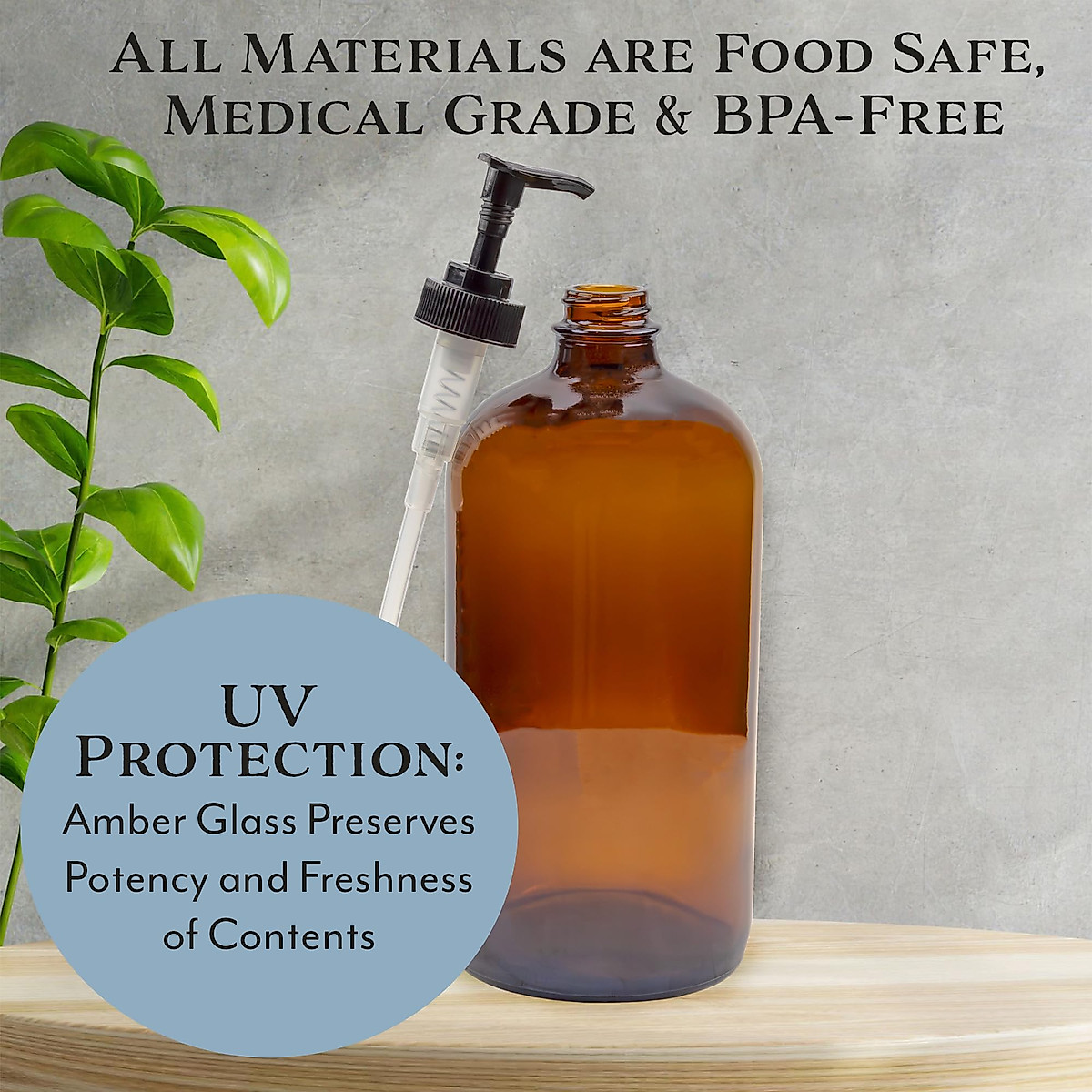 32-Ounce Amber Glass Lotion Pump Bottles (2-Pack); Quart Size Brown Bottles w/Black Plastic Locking Pump Dispensers; Includes Chalk Labels