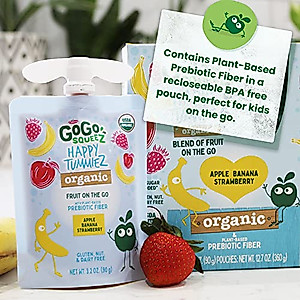 GoGo squeeZ happy tummieZ Organic Apple Banana Strawberry, 3.2 oz. (4 Pouches) - Kids Snacks with Prebiotic Fiber - Gluten Free Snacks for Kids - Nut & Dairy Free - Vegan Snacks