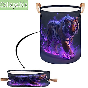 Flame Tiger Laundry Hamper, Tropical Tiger Dirty Clothes Hamper, Foldable Round Laundry Basket with Leather Handle Trim - Suitable for Office, Bedroom and Utility Room